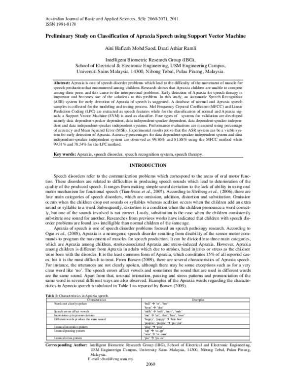 (PDF) Preliminary Study on Classification of Apraxia Speech using Support Vector Machine