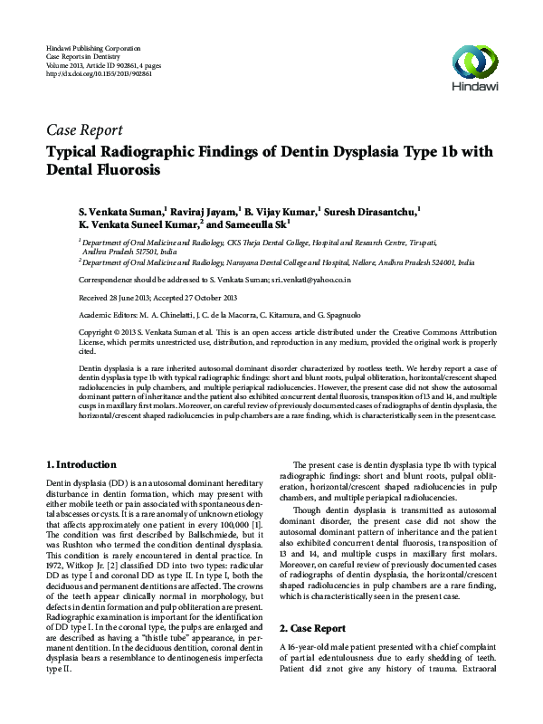 (PDF) Typical Radiographic Findings of Dentin Dysplasia Type 1b with ...