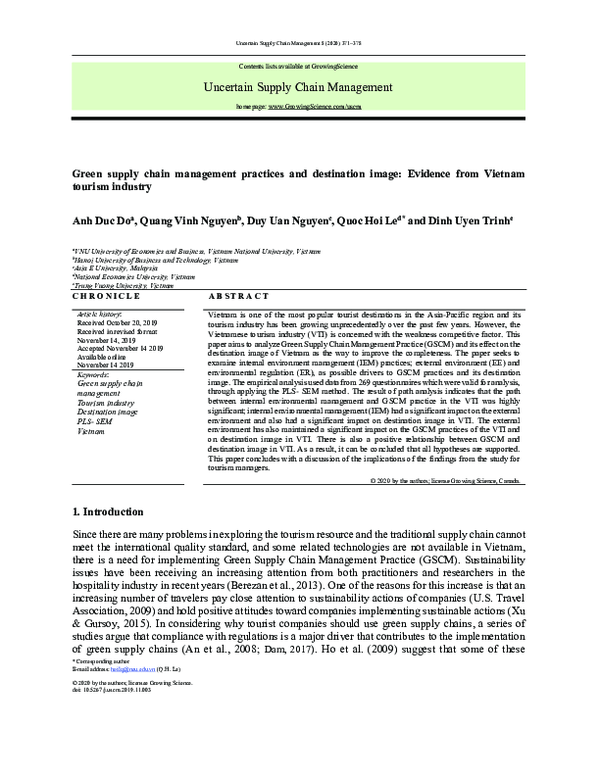 (PDF) Green supply chain management practices and destination image: Evidence from Vietnam ...