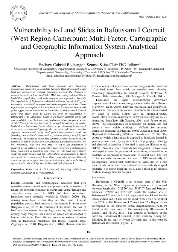 (PDF) Vulnerability to Land Slides in Bafoussam I Council (West Region-Cameroun): Multi-Factor ...