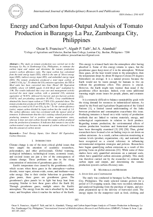 (PDF) Energy and Carbon Input-Output Analysis of Tomato Production in Barangay La Paz, Zamboanga ...
