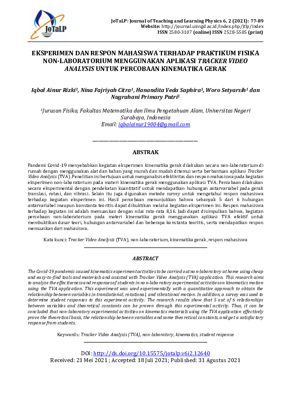 (PDF) Eksperimen Dan Respon Mahasiswa Terhadap Praktikum Fisika Non ...