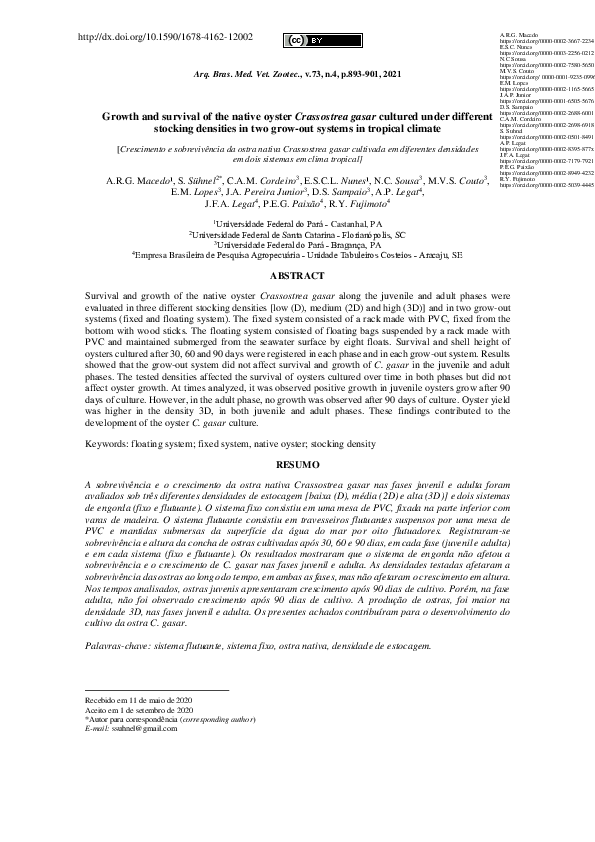Pdf Growth And Survival Of The Native Oyster Crassostrea Gasar