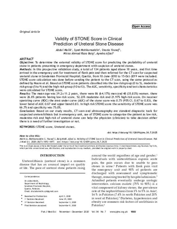 (PDF) Validity of STONE Score in Clinical Prediction of Ureteral Stone ...