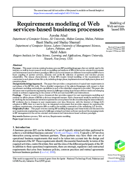 (PDF) Requirements modeling of Web services-based business processes | Ayesha Afzal - Academia.edu