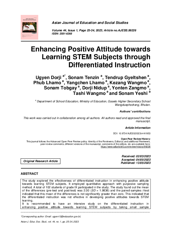 (PDF) Enhancing Positive Attitude towards Learning STEM Subjects through Differentiated Instruction