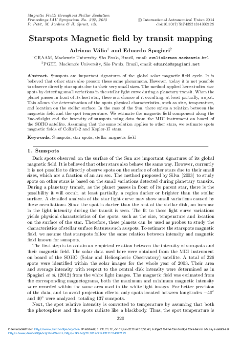 (PDF) Starspots Magnetic field by transit mapping