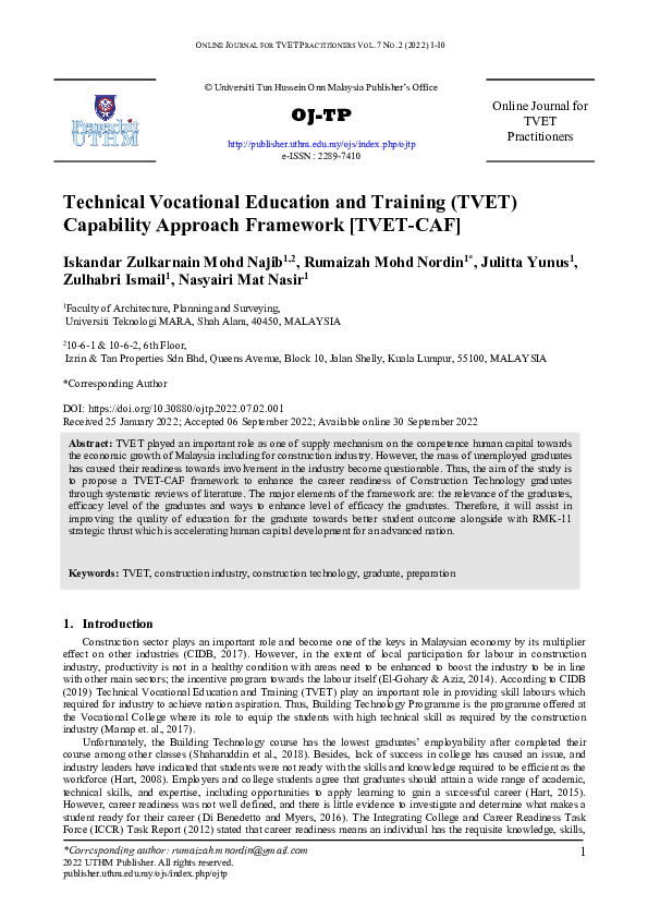 (PDF) Technical Vocational Education and Training (TVET) Capability Approach Framework [TVET-CAF]