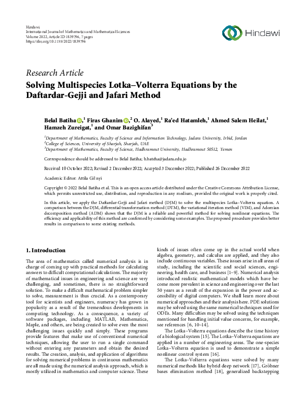 (PDF) Solving Multispecies Lotka–Volterra Equations by the Daftardar ... (PDF) Solving Multispecies Lotka–Volterra Equations by the Daftardar ...