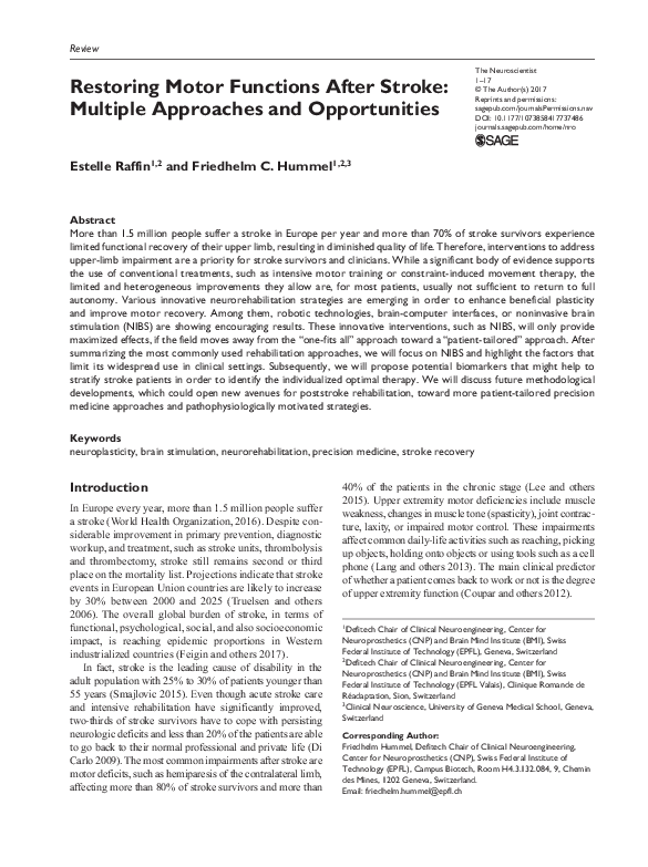 (PDF) Restoring Motor Functions After Stroke: Multiple Approaches and Opportunities