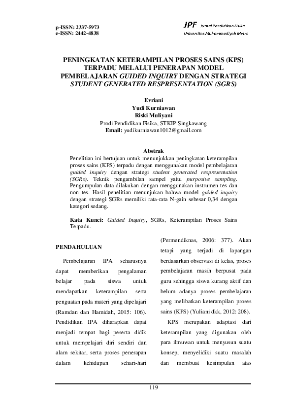 (PDF) PENINGKATAN KETERAMPILAN PROSES SAINS (KPS) TERPADU MELALUI PENERAPAN MODEL PEMBELAJARAN ...