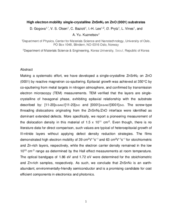 (PDF) High electron mobility single-crystalline ZnSnN2 on ZnO (0001 ...