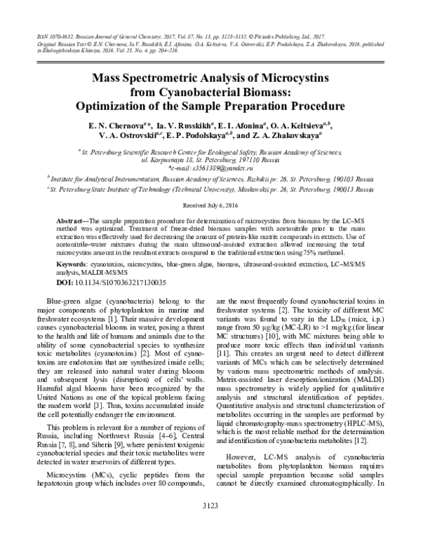 (PDF) Mass Spectrometric Analysis of Microcystins from Cyanobacterial Biomass: Optimization of ...