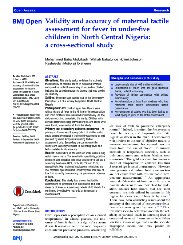 (PDF) Validity and accuracy of maternal tactile assessment for fever in ...