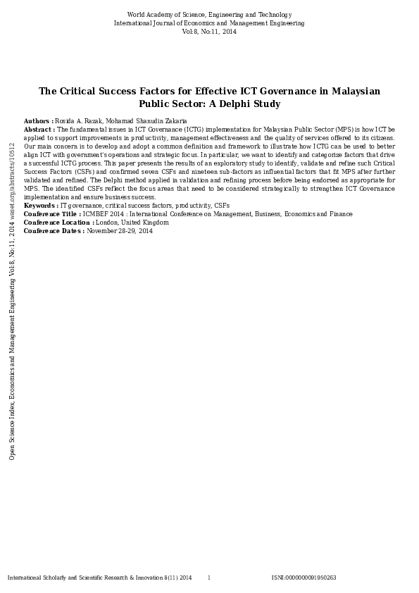 (PDF) The Critical Success Factors for Effective ICT Governance in Malaysian Public Sector: A ...