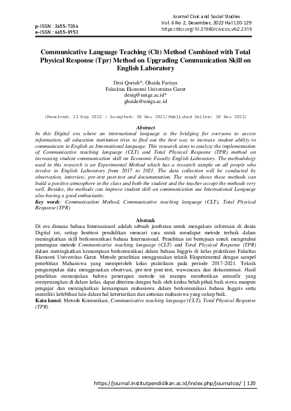 (PDF) Communicative Language Teaching (Clt) Method Combined with Total ...