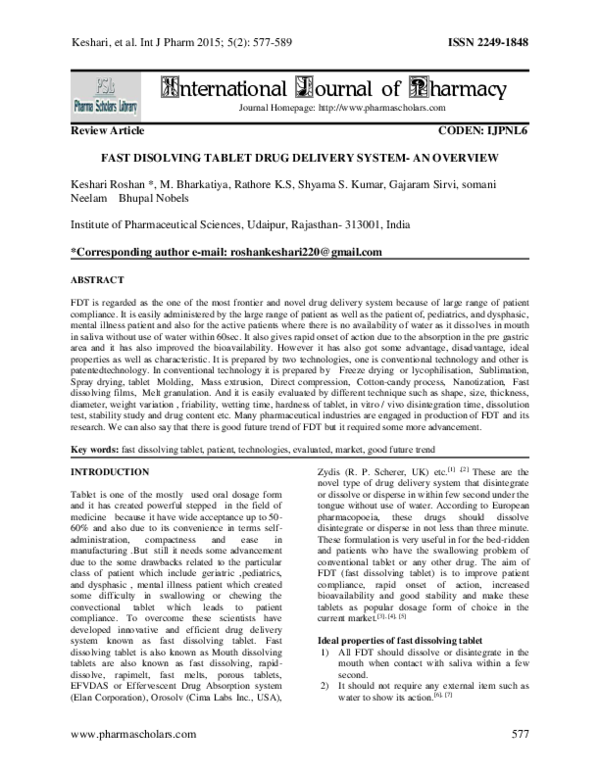 (PDF) Fast Disolving Tablet Drug Delivery System-An Overview