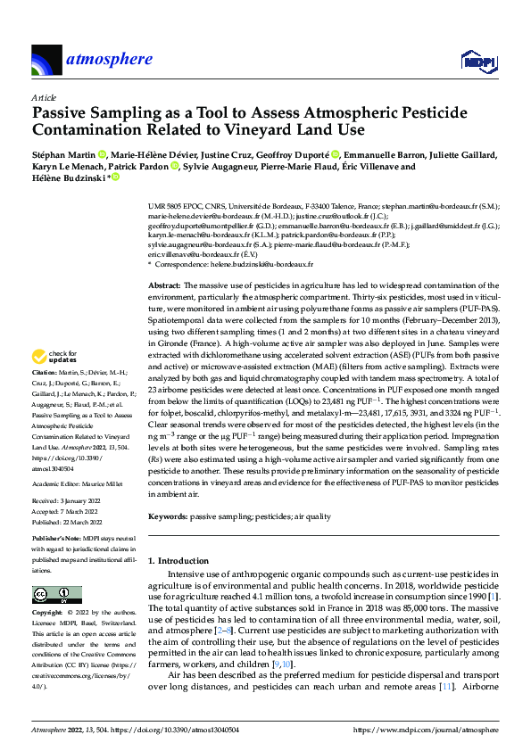 (PDF) Passive Sampling as a Tool to Assess Atmospheric Pesticide Contamination Related to ...