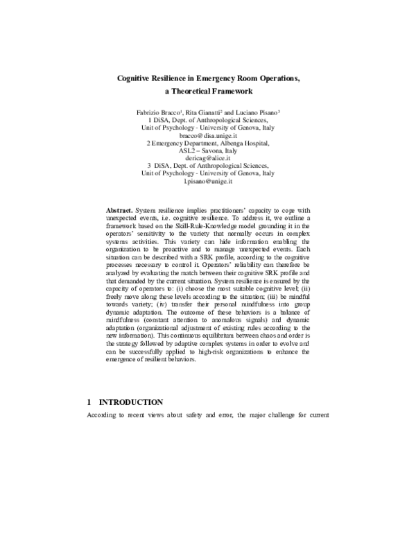 (PDF) Cognitive resilience in Emergency Room operations, a theoretical ...