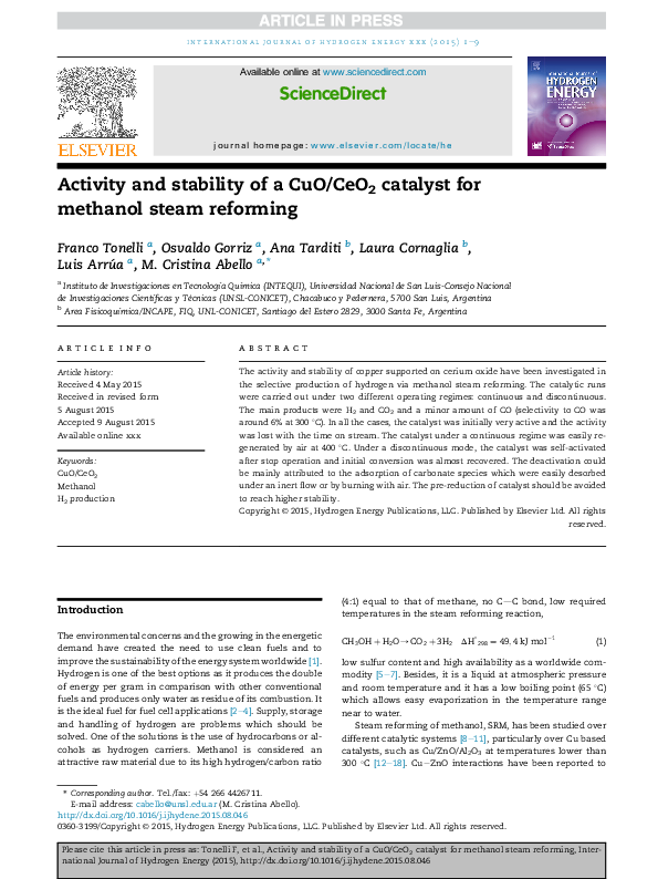 (PDF) Activity and stability of a CuO/CeO2 catalyst for methanol steam ...