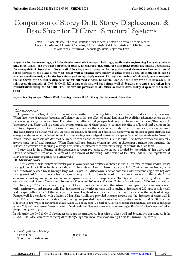 (PDF) Comparison of Storey Drift, Storey Displacement & Base Shear for ...