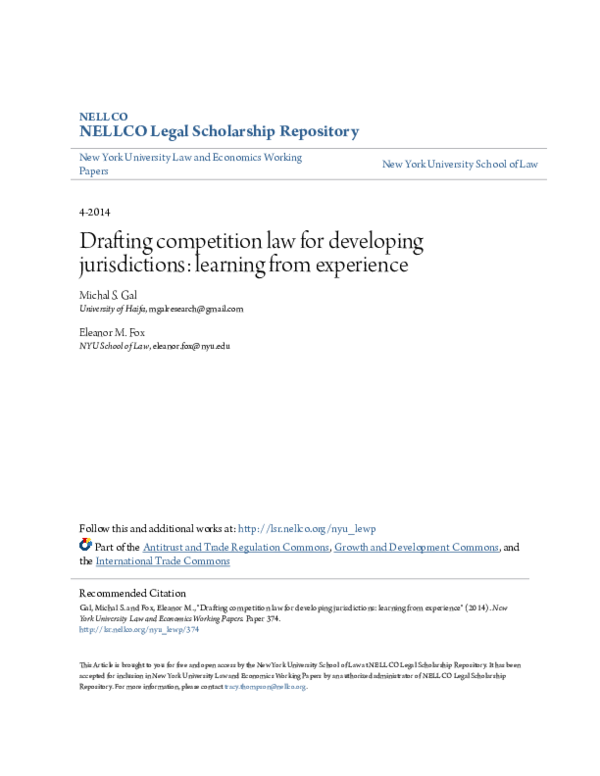 (PDF) Drafting competition law for developing jurisdictions: learning ...