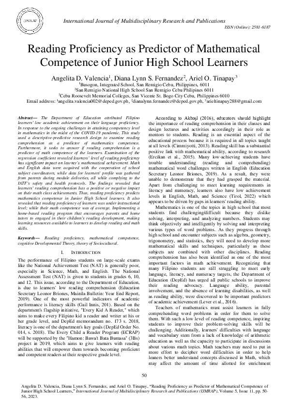 (PDF) Reading Proficiency as Predictor of Mathematical Competence of ...