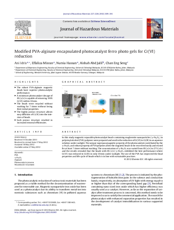 (PDF) Modified PVA-alginate encapsulated photocatalyst ferro photo gels ...