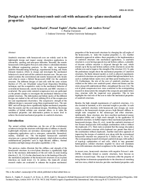 (PDF) Design of a Hybrid Honeycomb Unit Cell with Enhanced In-Plane ...