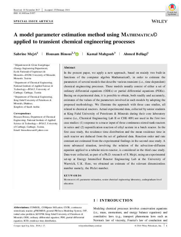 (PDF) A model parameter estimation method using Mathematica © applied to transient chemical ...