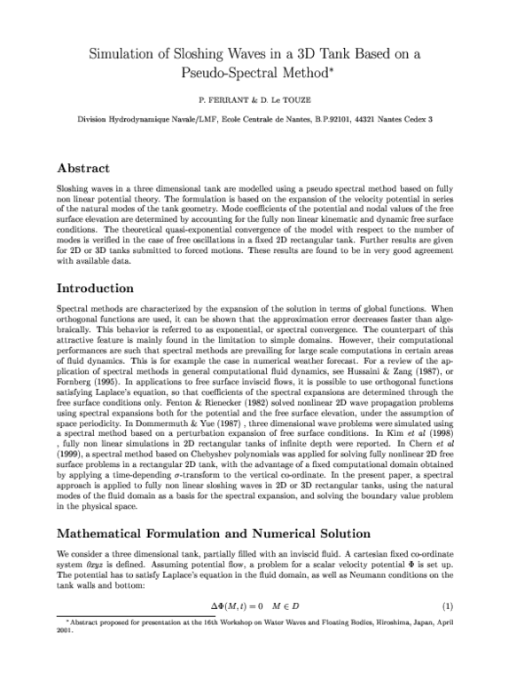 (PDF) Simulation of sloshing waves in a 3D tank based on a pseudo-spectral method | Pierre ...