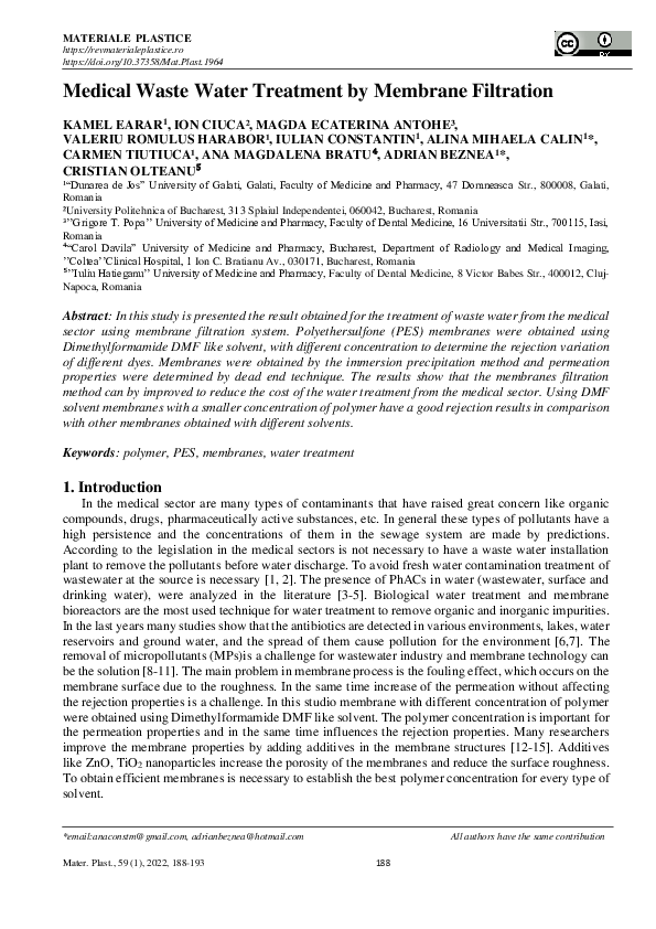 (PDF) Medical Waste Water Treatment by Membrane Filtration | Ion Ciuca ...