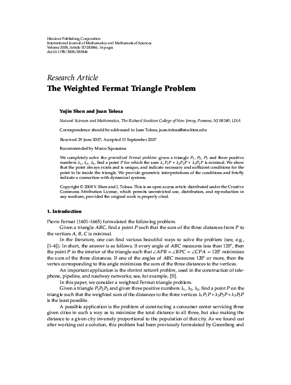 (PDF) The Weighted Fermat Triangle Problem