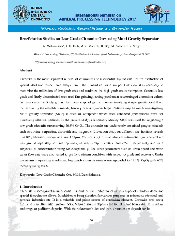 (PDF) Beneficiation Studies on Low Grade Chromite Ores using Multi ...