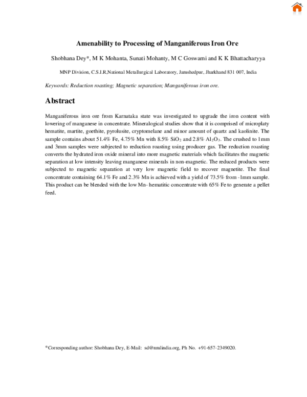 (PDF) Amenability to Processing of Manganiferous Iron Ore