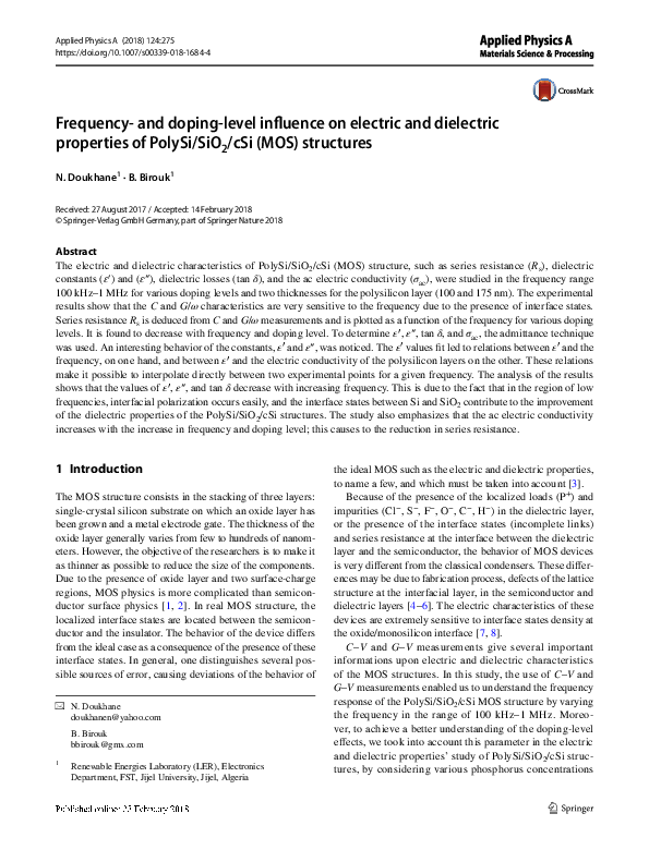 (PDF) Frequency- and doping-level influence on electric and dielectric properties of PolySi/SiO2 ...
