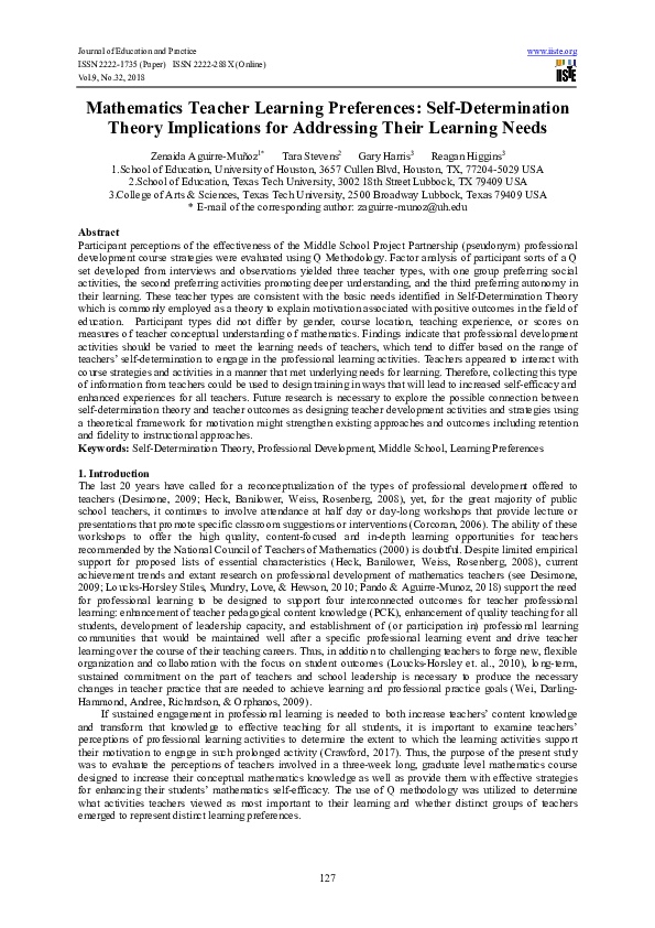 (PDF) Mathematics Teacher Learning Preferences: Self-Determination ...