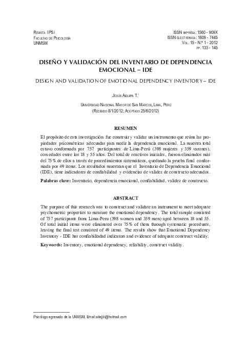 (PDF) Diseño y validación del inventario de dependencia emocional – IDE