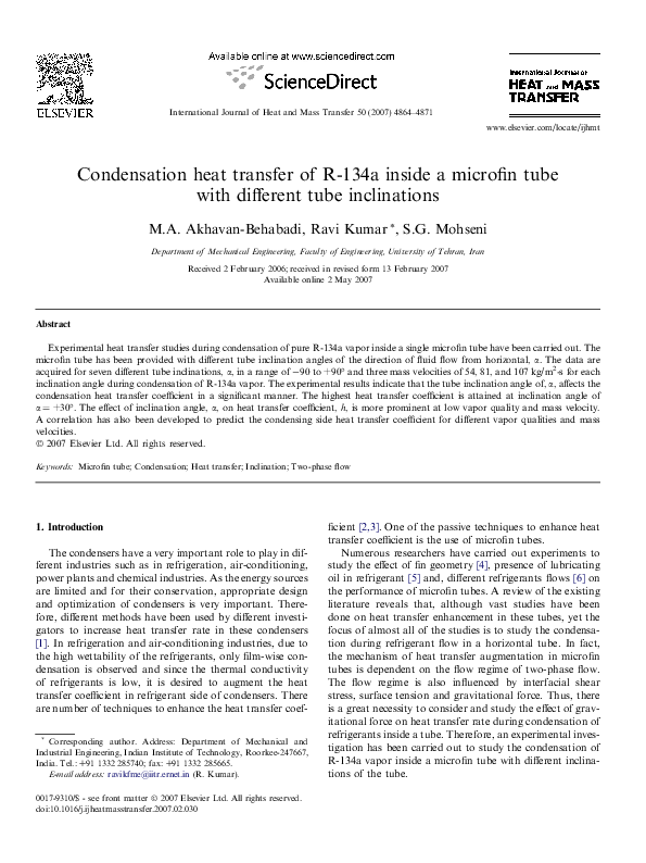 (PDF) Condensation heat transfer of R-134a inside a microfin tube with ...
