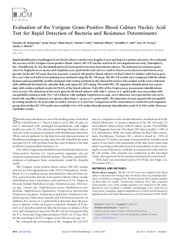 (PDF) Evaluation of the Verigene Gram-Positive Blood Culture Nucleic ...