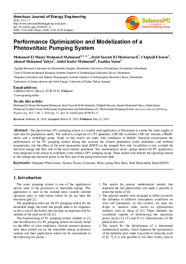 (PDF) Performance optimization of a photovoltaic induction motor pumping system