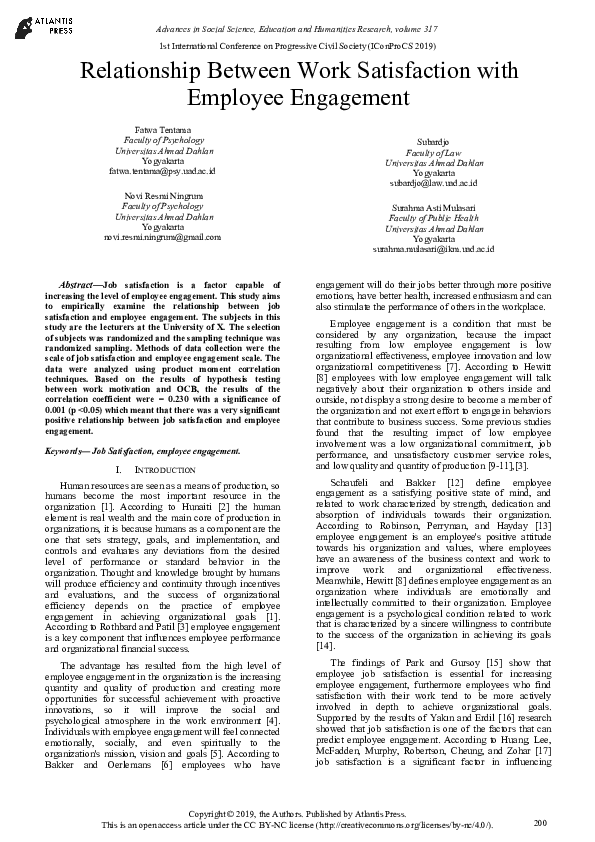 (PDF) Relationship Between Work Satisfaction with Employee Engagement