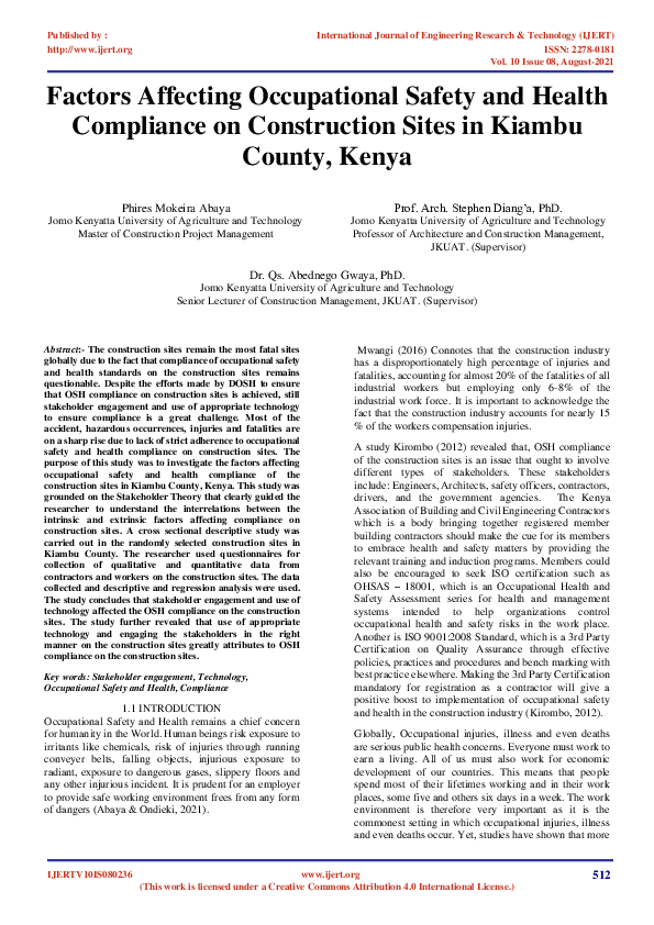 (PDF) Factors Affecting Occupational Safety and Health Compliance on ...