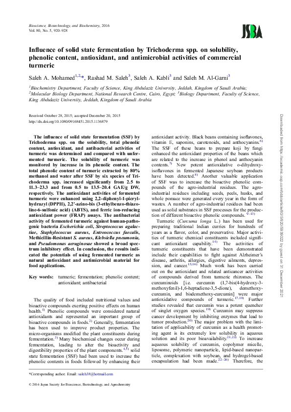 Pdf Influence Of Solid State Fermentation By Trichoderma Spp On Solubility Phenolic Content