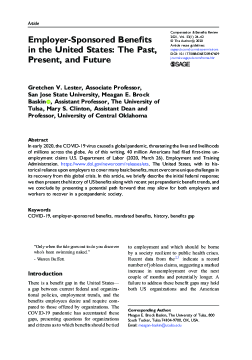 (PDF) Employer-Sponsored Benefits in the United States: The Past ...