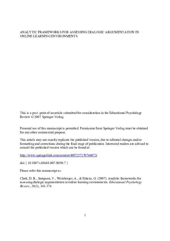 (PDF) Analytic Frameworks for Assessing Dialogic Argumentation in Online Learning Environments ...