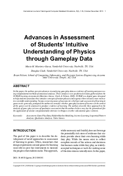 (PDF) Advances in Assessment of Students' Intuitive Understanding of Physics through Gameplay Data