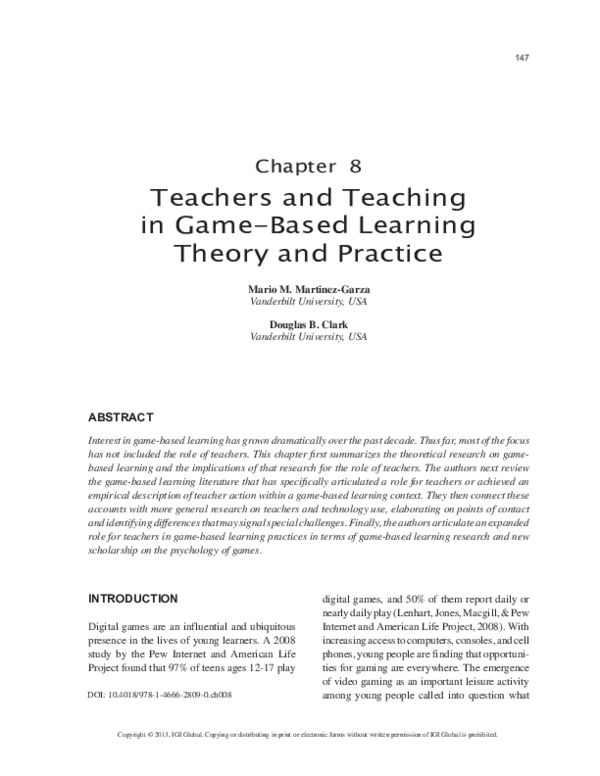 Pdf Teachers And Teaching In Game Based Learning Theory And Practice