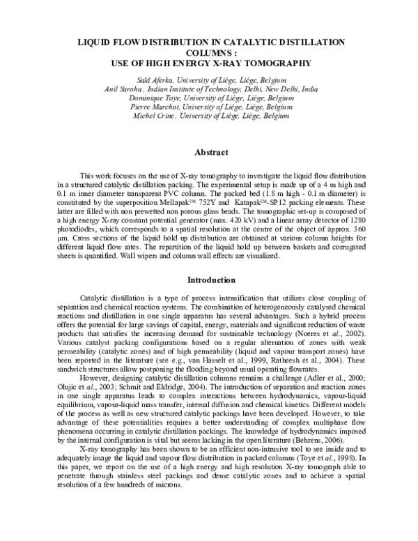 Pdf Liquid Flow Distribution In Catalytic Distillation Columns Use Of High Energy X Ray