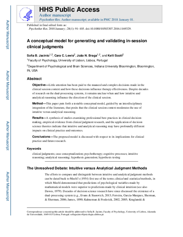 Pdf A Conceptual Model For Generating And Validating In Session Clinical Judgments Sofia 